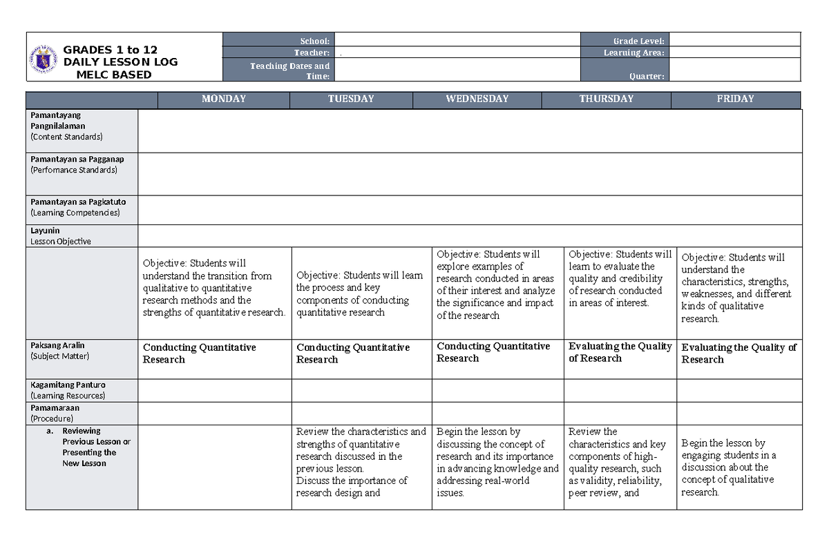 WEEK 2 - Practical research 1 Lesson PLan week 2 - GRADES 1 to 12 DAILY ...