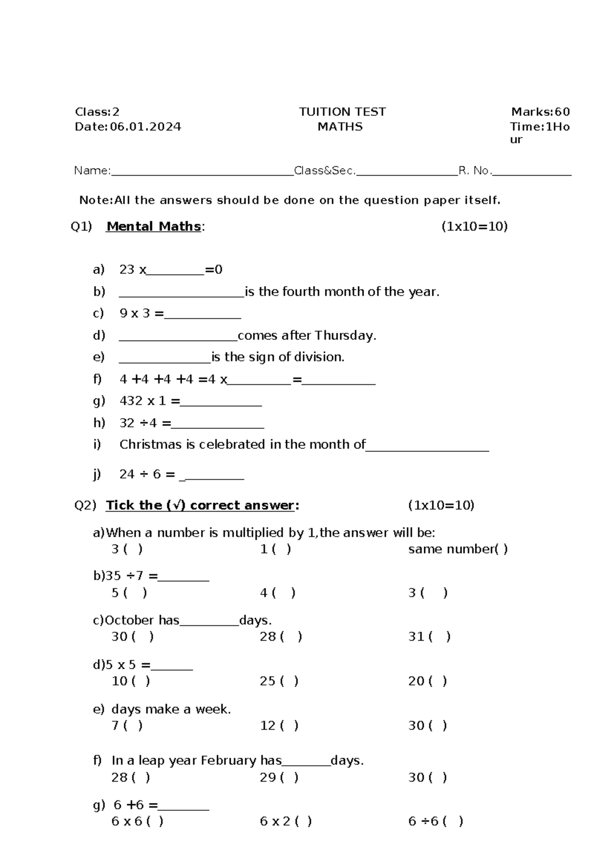 510168324 ICSE Class 2 Annual Exam Model Question Paper 1 Maths - Class ...