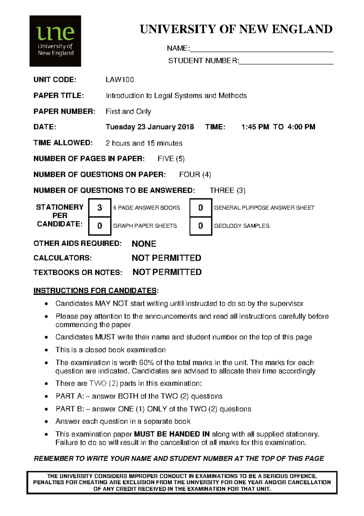 EXAM 23 January 2019, questions - UNIVERSITY OF NEW ENGLAND STUDENT ...