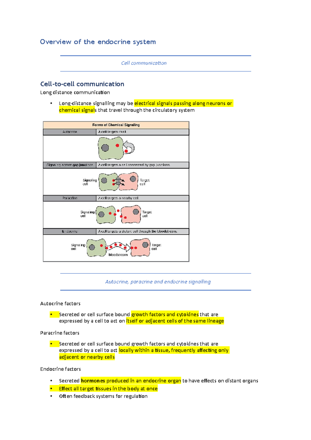 Week 1 - Lecture notes 1 - Overview of the endocrine system Cell ...