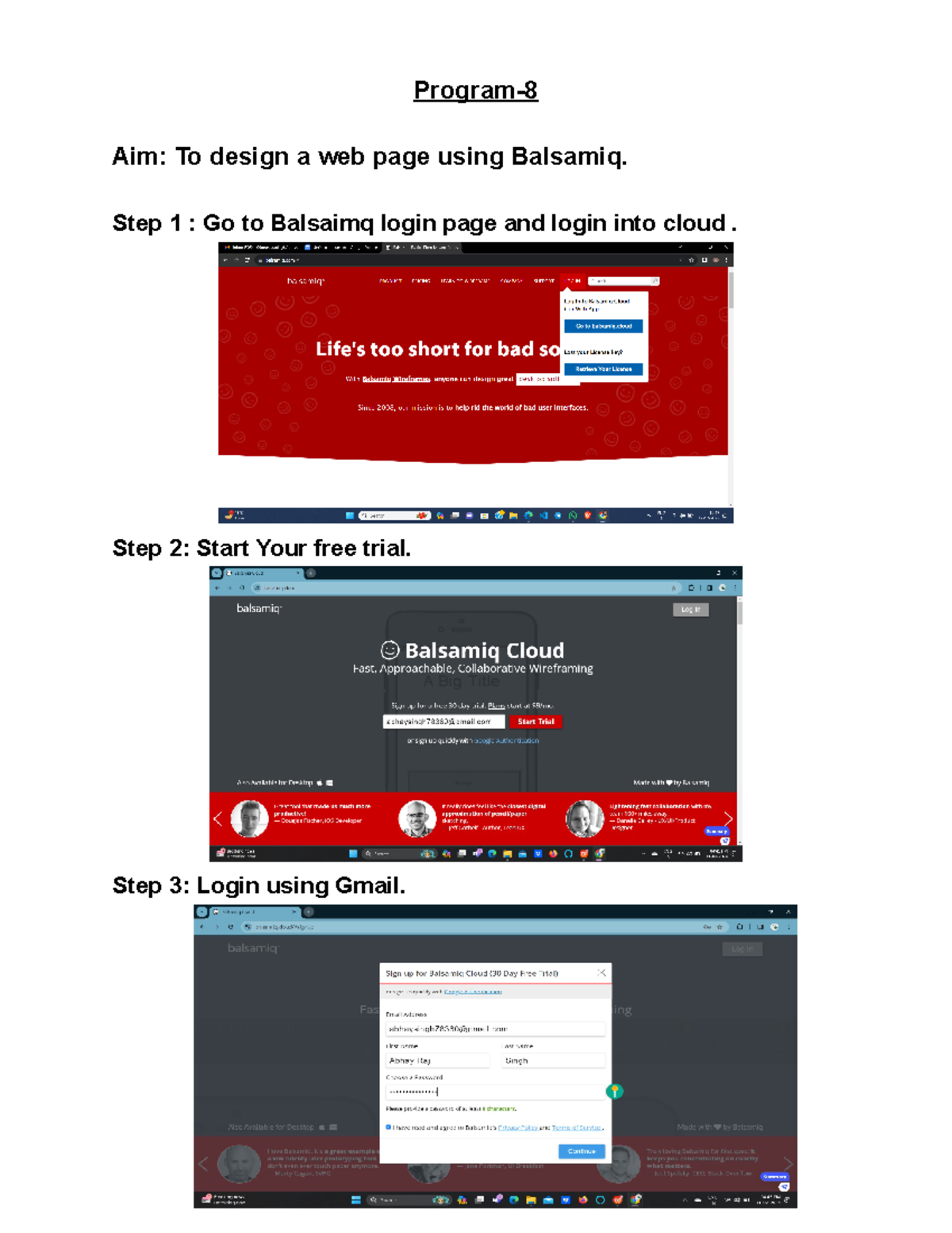 Webd - Computer Science SL - Program- 8 Aim: To design a web page using Balsamiq. Step 1 : Go to ...