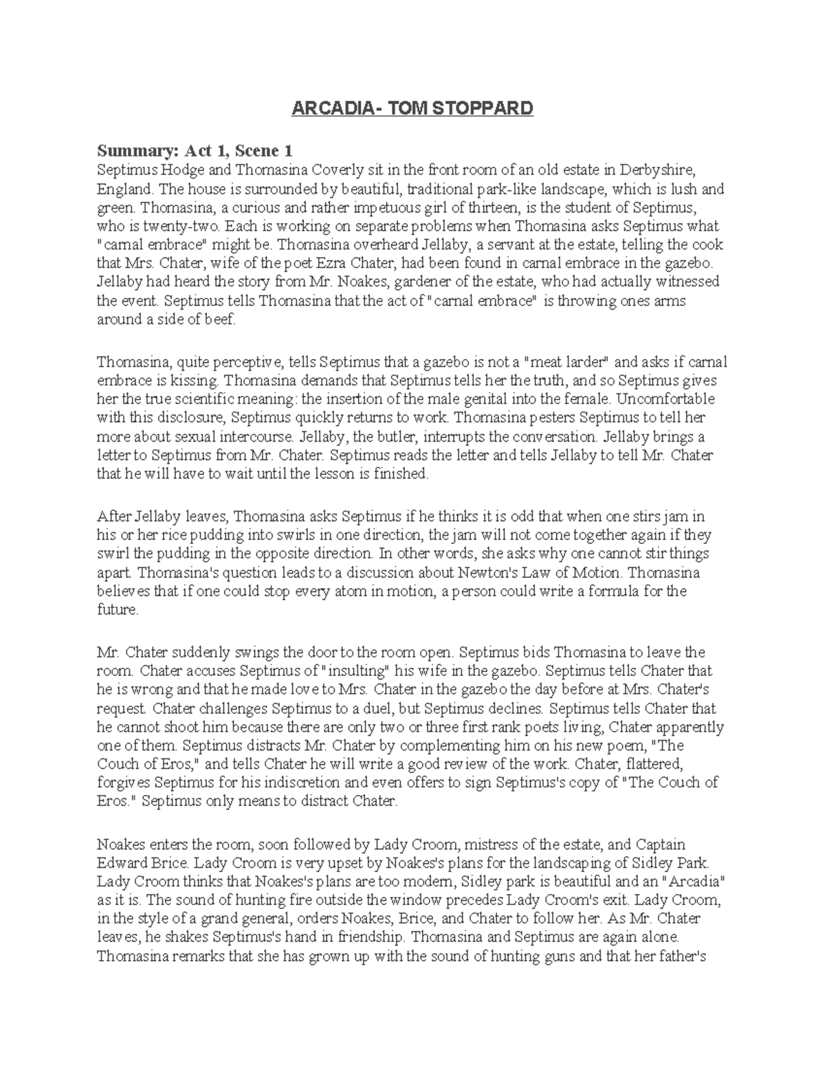 Arcadia- TOM Stoppard - ARCADIA- TOM STOPPARD Summary: Act 1, Scene 1 Septimus Hodge and ...