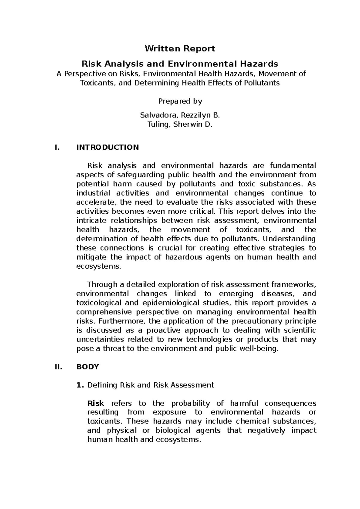 Risk Assessment - Written Report Risk Analysis and Environmental ...