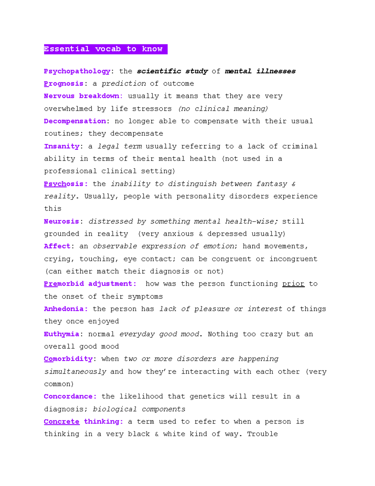 Abnormal Psychology Essential Vocab - Essential vocab to know ...