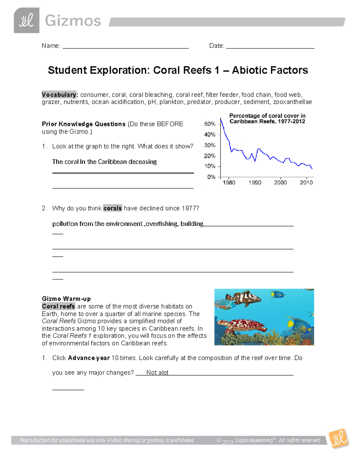 Coral Reef 1SE - answers - Name: Date: Student Exploration: Coral Reefs ...