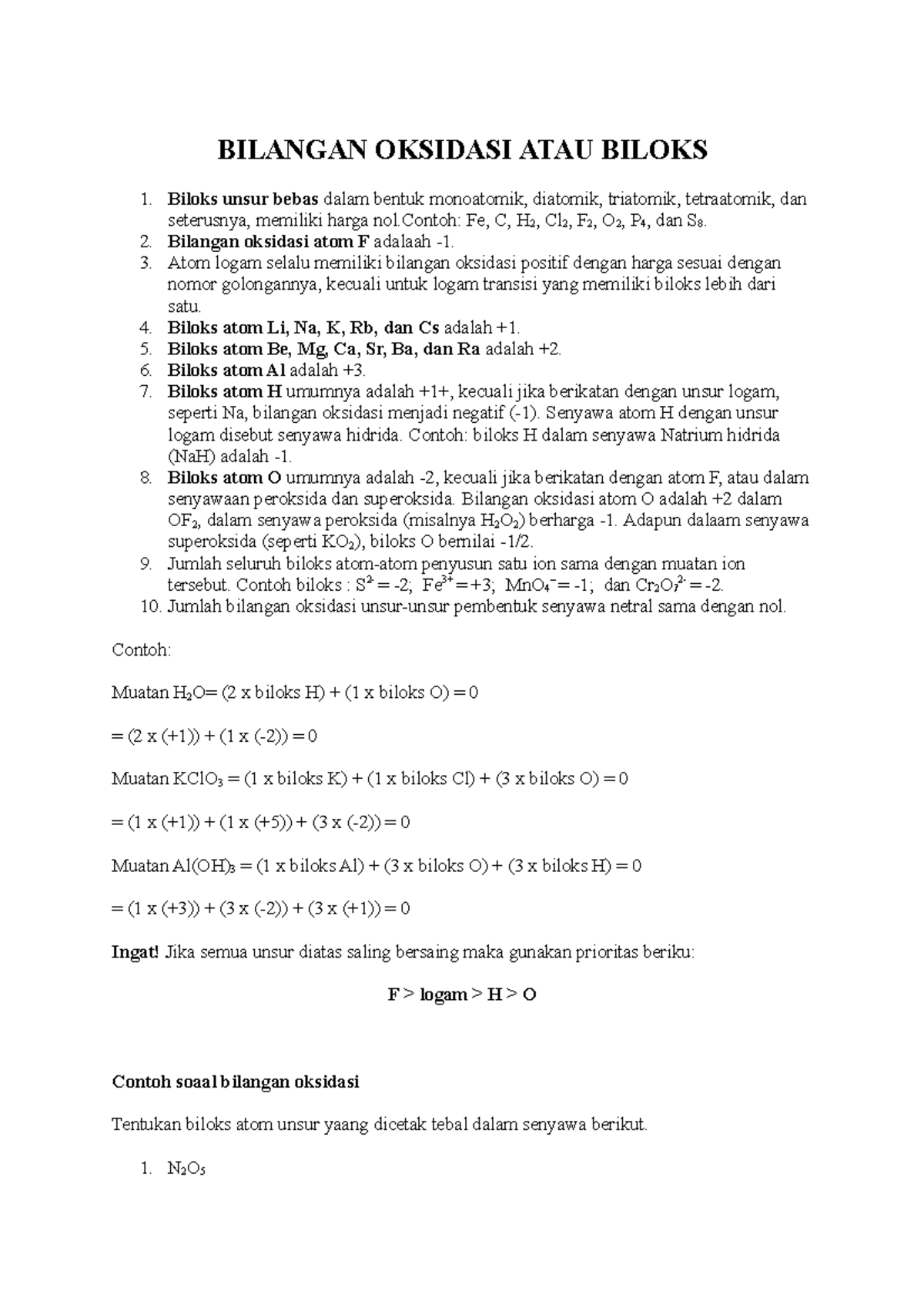 Bahan uas elektrokimia - BILANGAN OKSIDASI ATAU BILOKS Biloks unsur ...