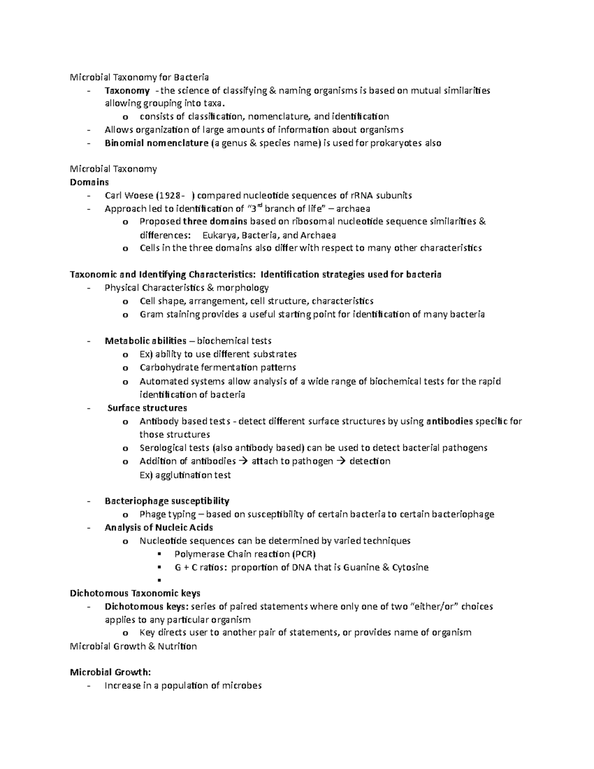 Micro week 4 notes - Microbial Taxonomy for Bacteria - Taxonomy - the ...