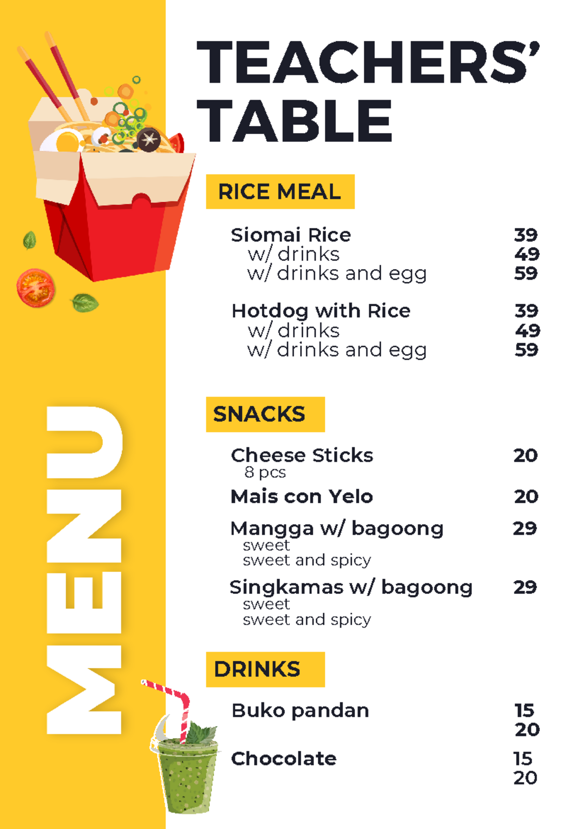 MENU - 48 58 - DRINKS TEACHERS’ TABLE RICE MEAL Siomai Rice w/ drinks w ...