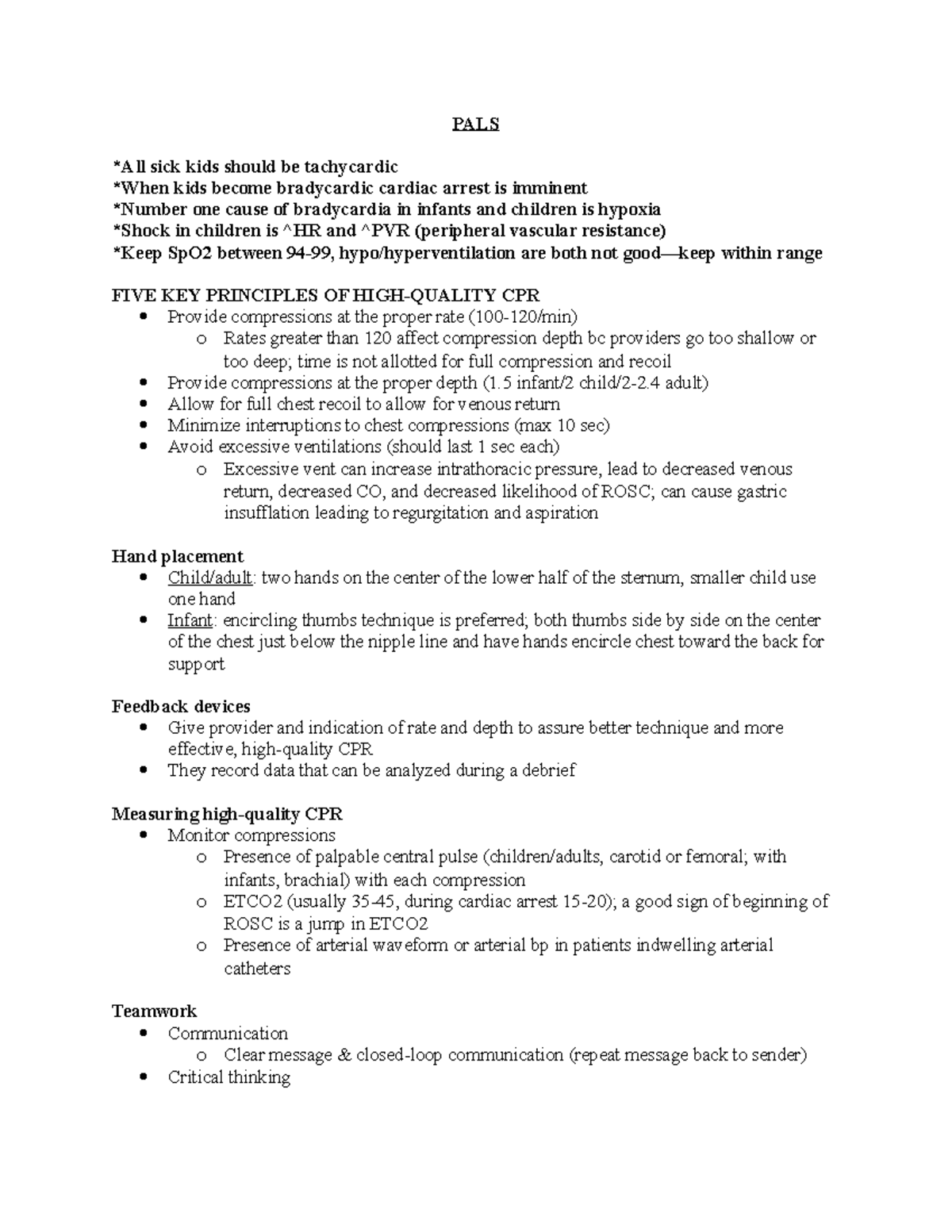PALS notes - PALS ***All sick kids should be tachycardic *When kids ...