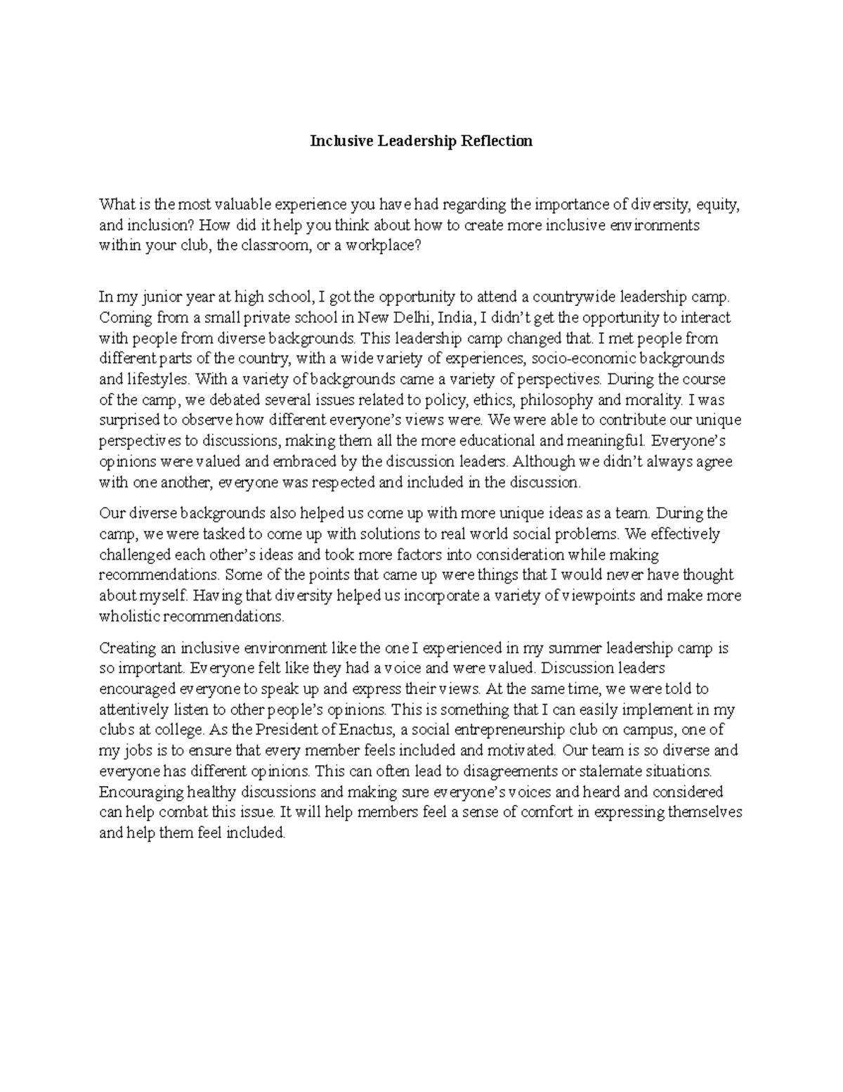 Inclusive Leadership Reflection - Coming from a small private school in ...