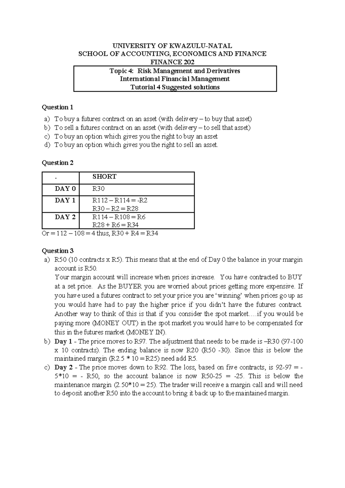 (2024) Fina202 Tutorial 4 Suggested Solutions - UNIVERSITY OF KWAZULU-NATAL SCHOOL OF ACCOUNTING ...