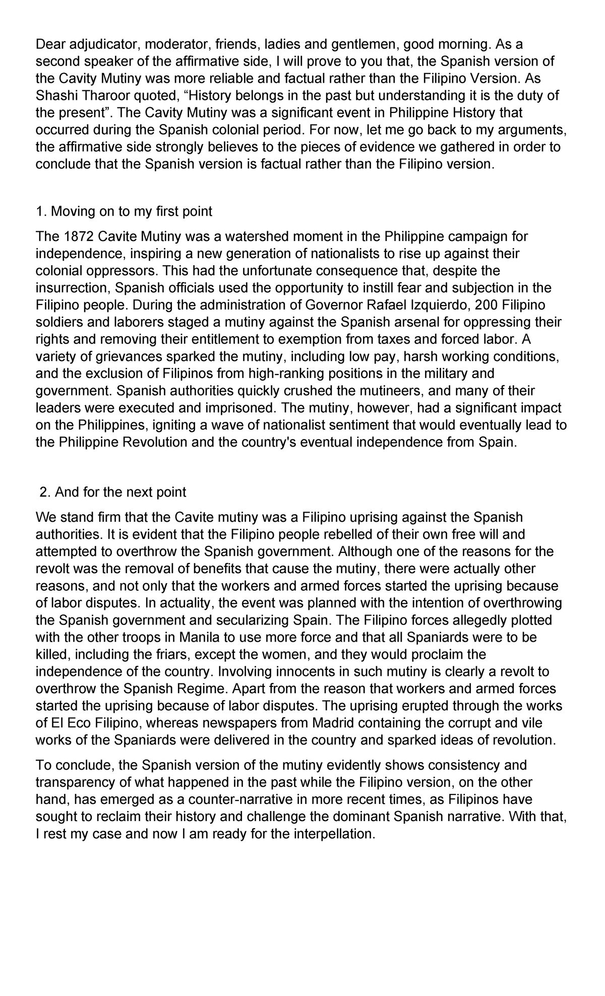 debate cavite mutiny - Dear adjudicator, moderator, friends, ladies and ...