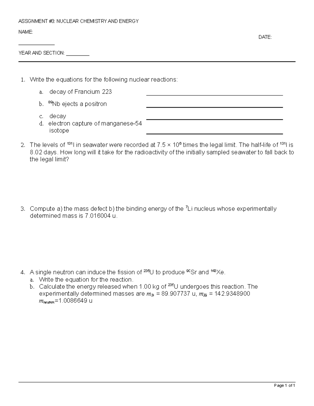 Assignment #3 Nuclear Chemistry and Energy - ASSGNMENT #3: NUCLEAR ...
