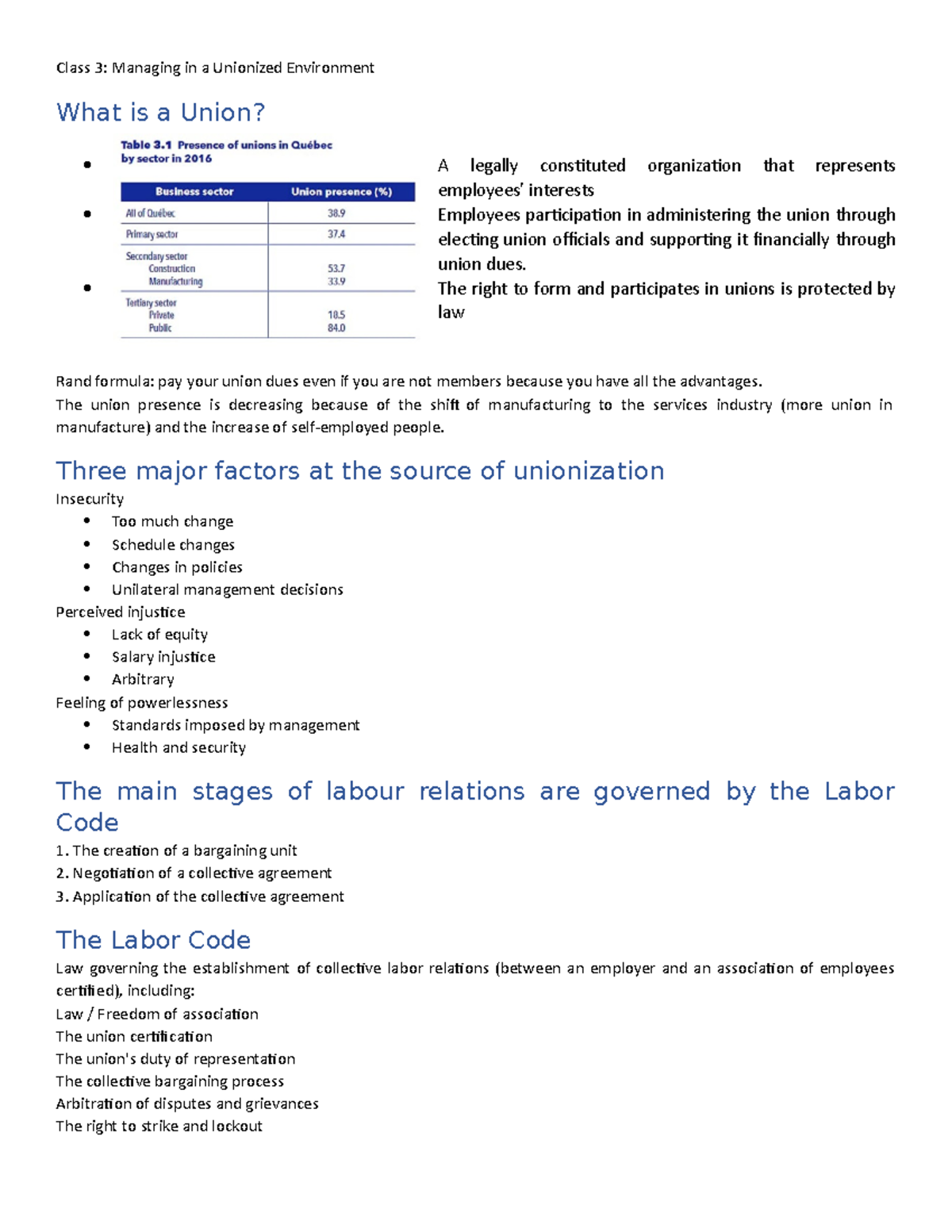 Cours 3 - notes - Class 3: Managing in a Unionized Environment What is ...