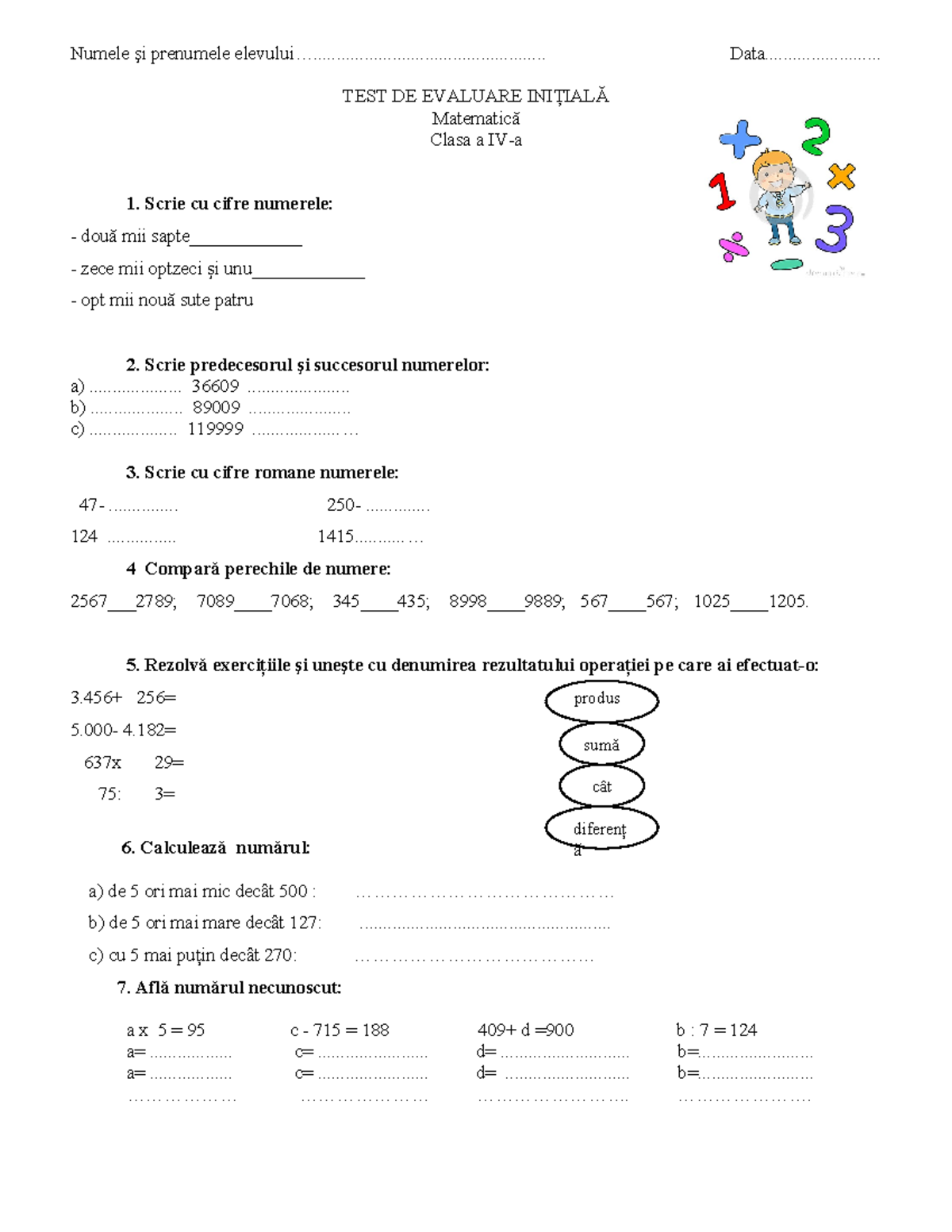 7 test initial mate - test clasa a 4-a test inițial - sumă cât diferenţ ...