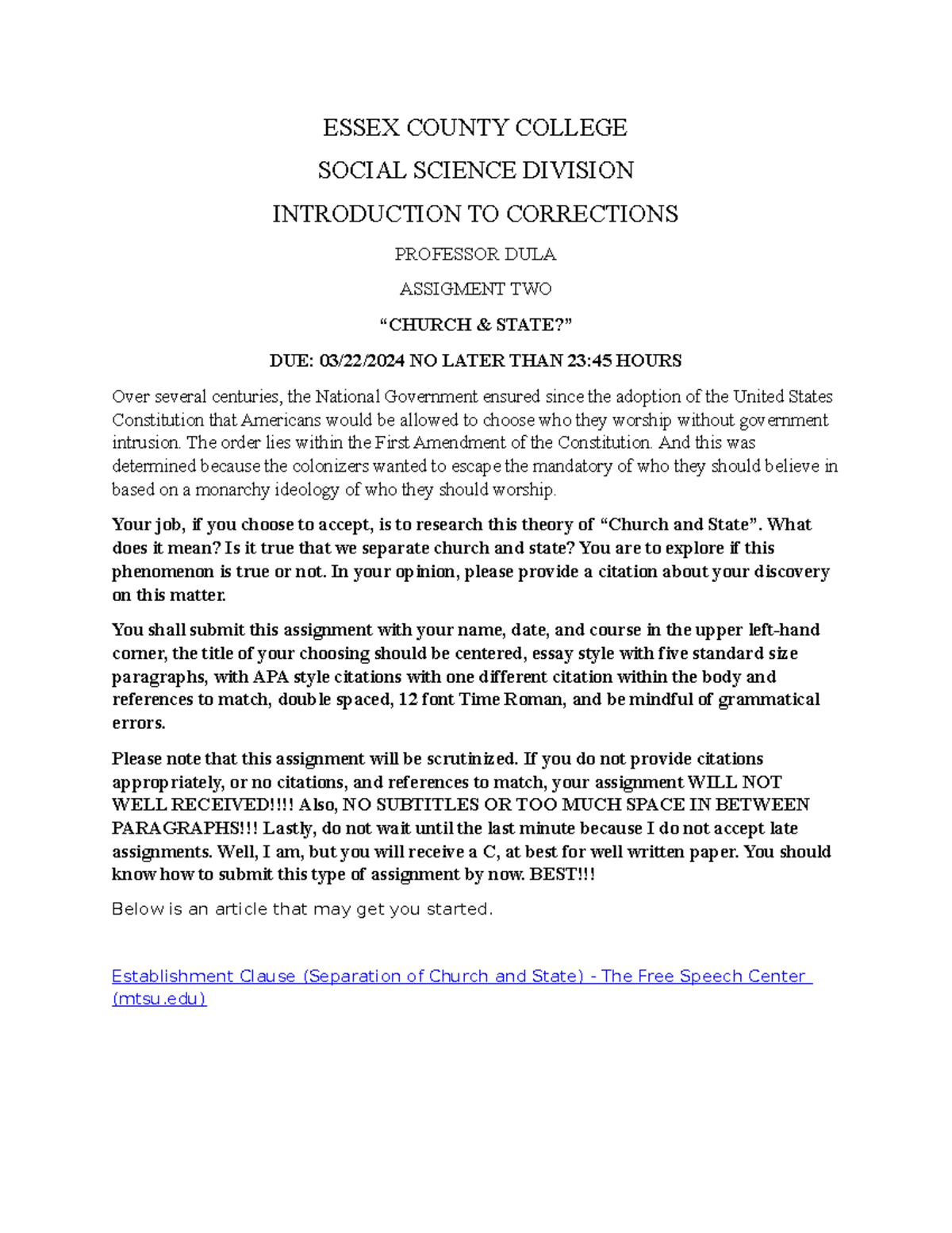 AM GOV Assignment Two - ESSEX COUNTY COLLEGE SOCIAL SCIENCE DIVISION INTRODUCTION TO CORRECTIONS ...