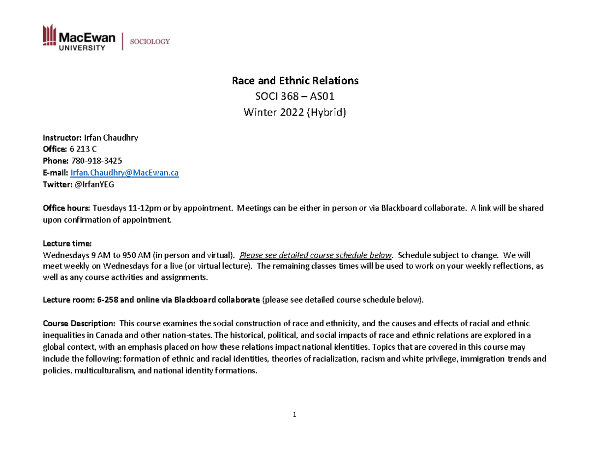 SOCI 368 AS01- Chaudhry-W2022(1) Course Outline for Winter - Race and ...