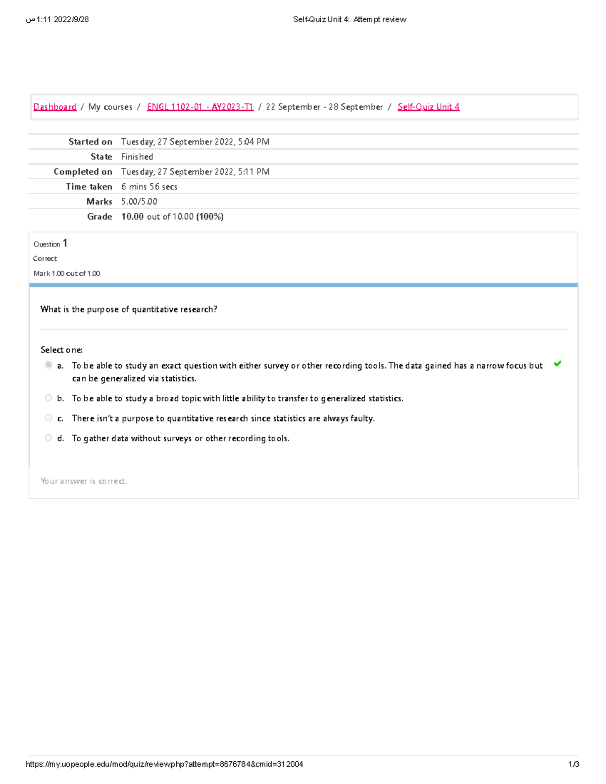 Self-Quiz Unit 4 Attempt review - 28 /9 /2022 1:11 ص Self-Quiz Unit 4: Attempt review - Studocu