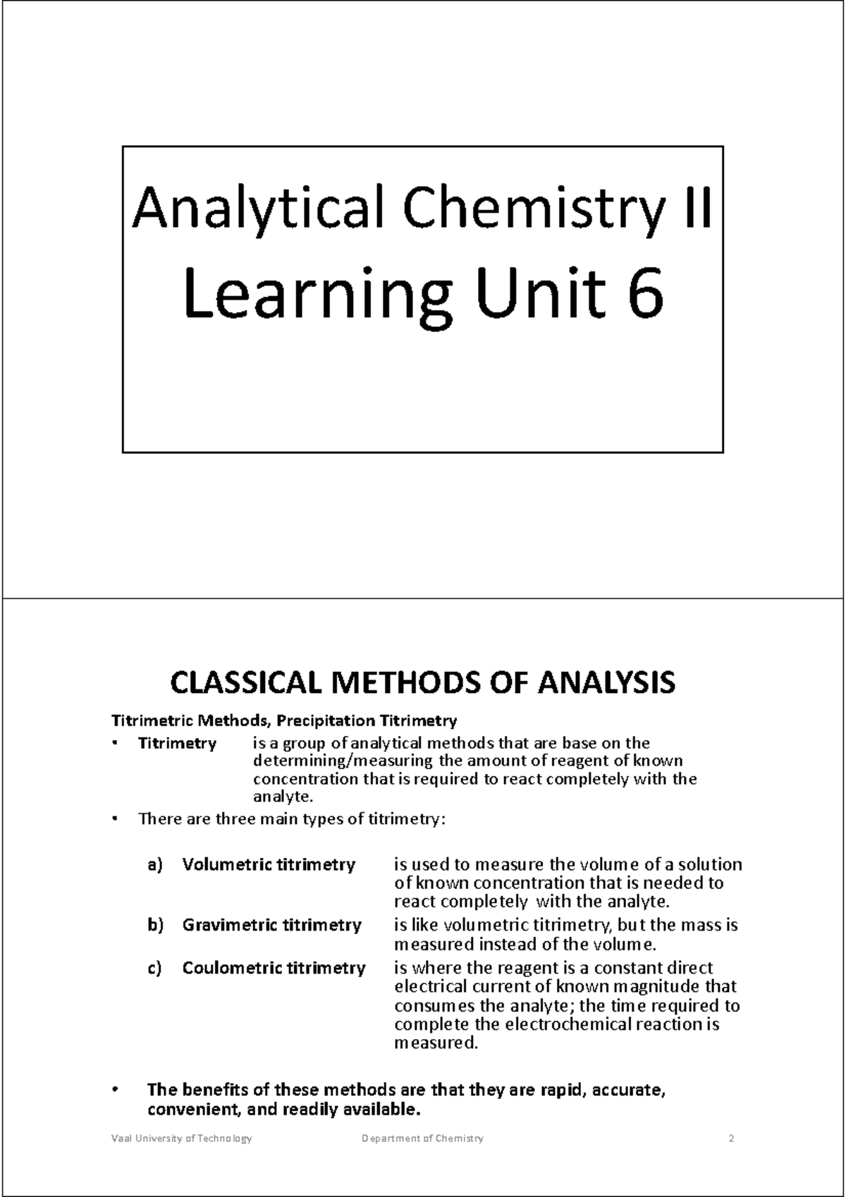 Learning Unit 6 - Classical methods of analysis - Analytical Chemistry ...