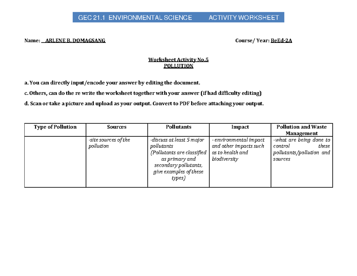 light pollution worksheet