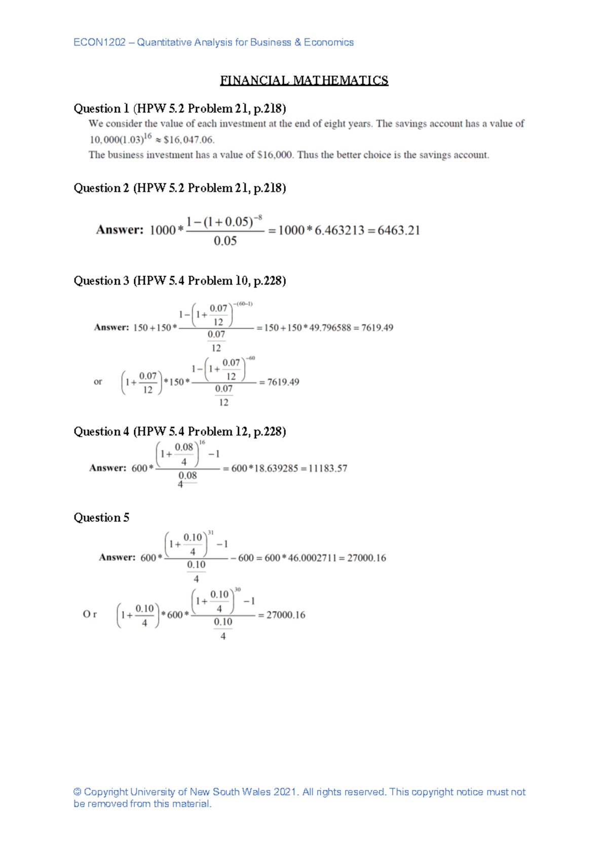 ECON1202 Financial Mathematics Practice Questions - Solutions - ECON1202 – Quantitative Analysis ...