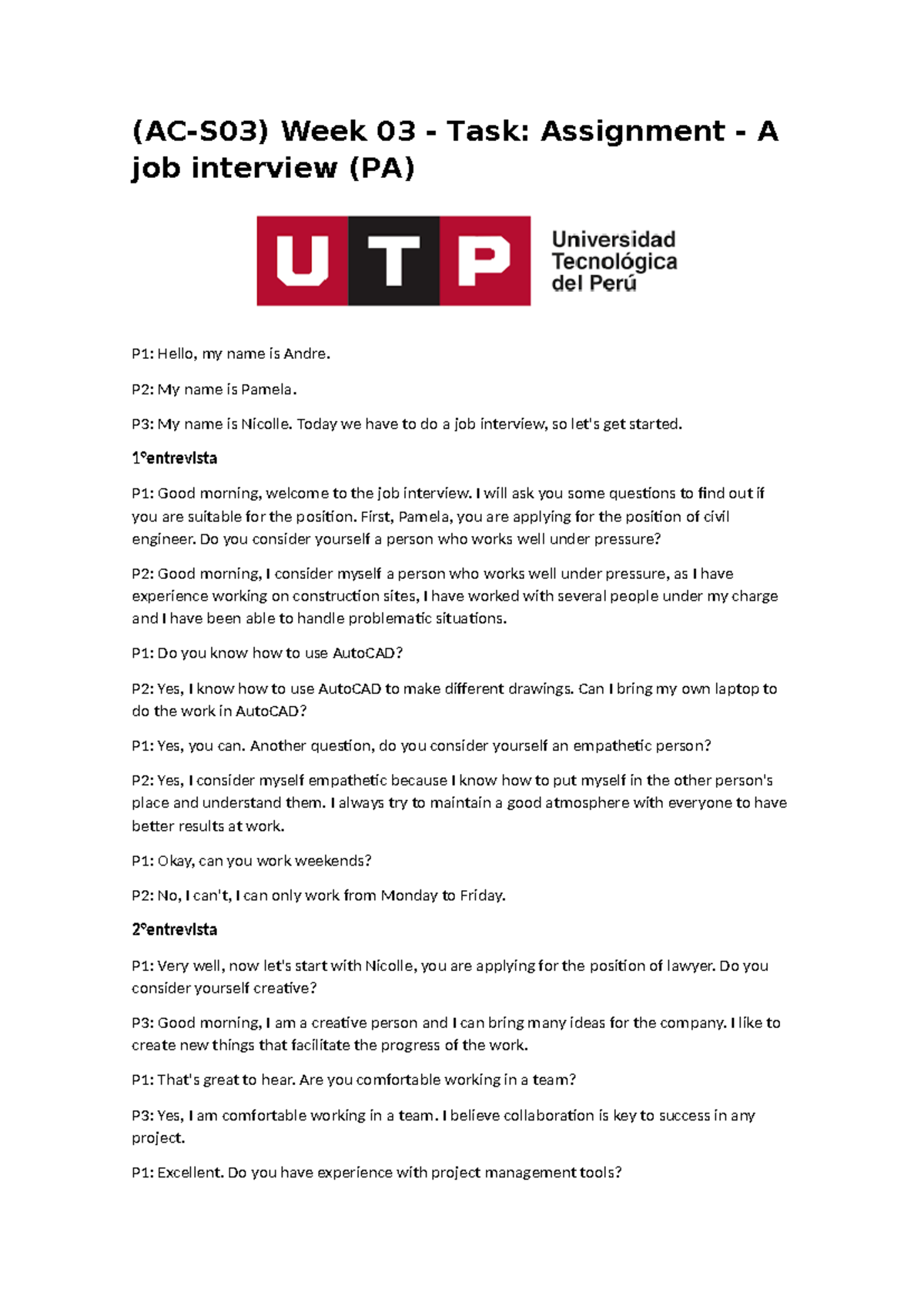 (AC-S03) Week 03 - Task: Assignment - A job interview (PA) - P2: My name is Pamela. P3: My name ...