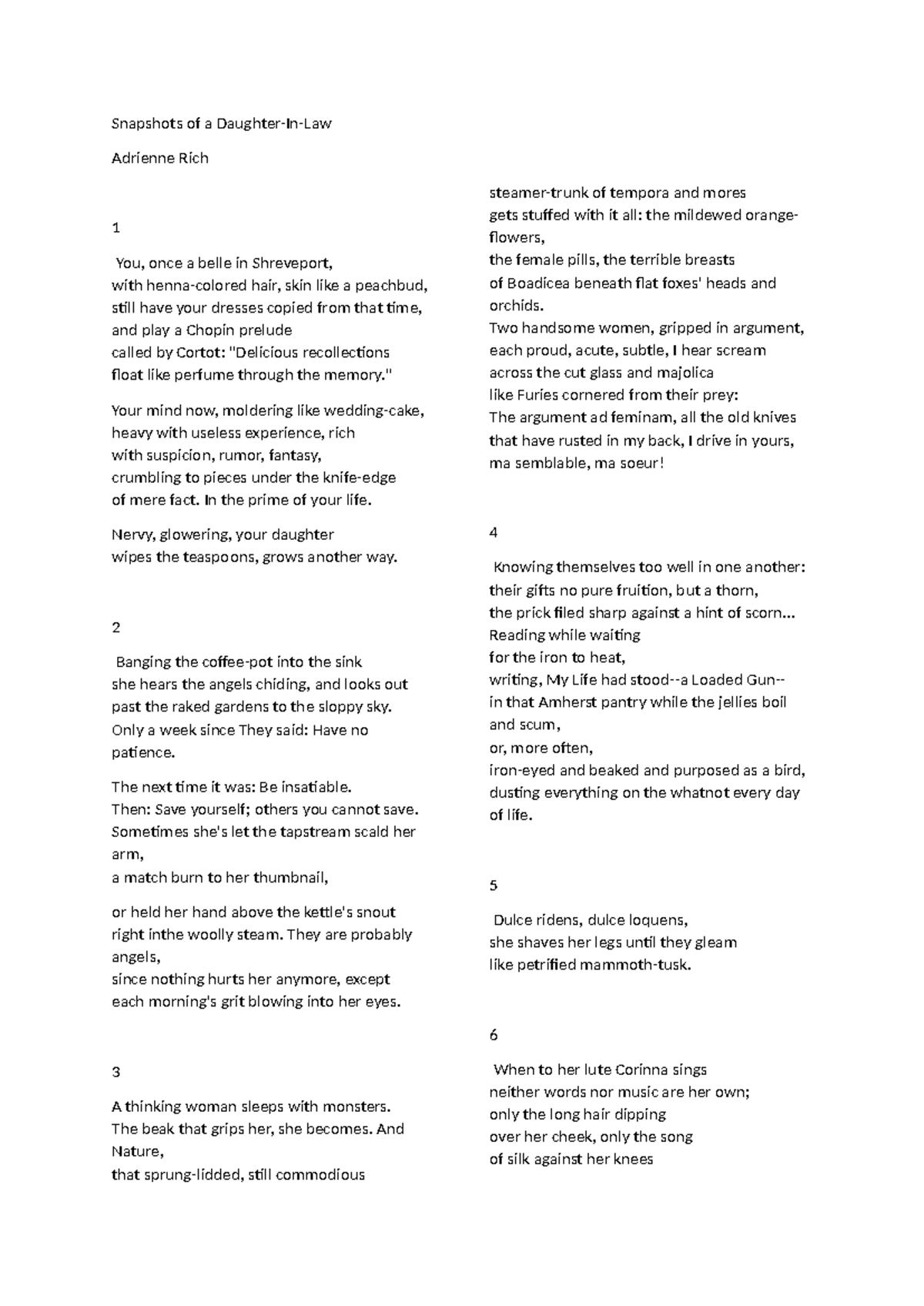 Adrienne Rich Poem - Snapshots of a Daughter-In-Law Adrienne Rich 1 You ...