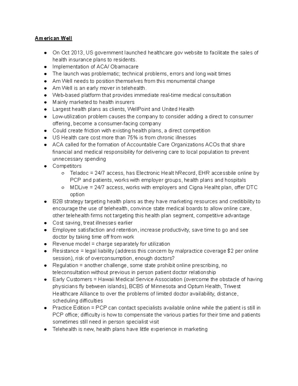 Tele Health - Class Preparation Note for a topic assigned by the ...