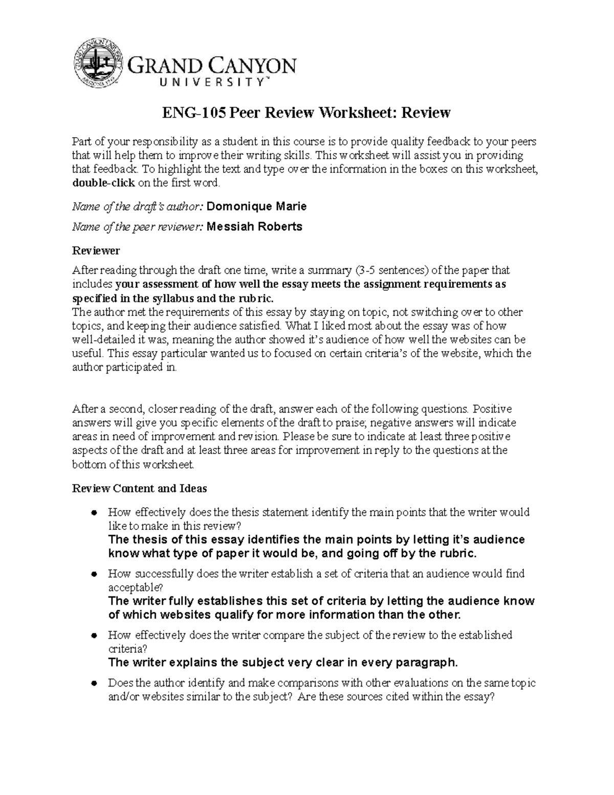 Copy of ENG105 Review Peer Review Worksheet ONL - ENG-105 Peer Review ...