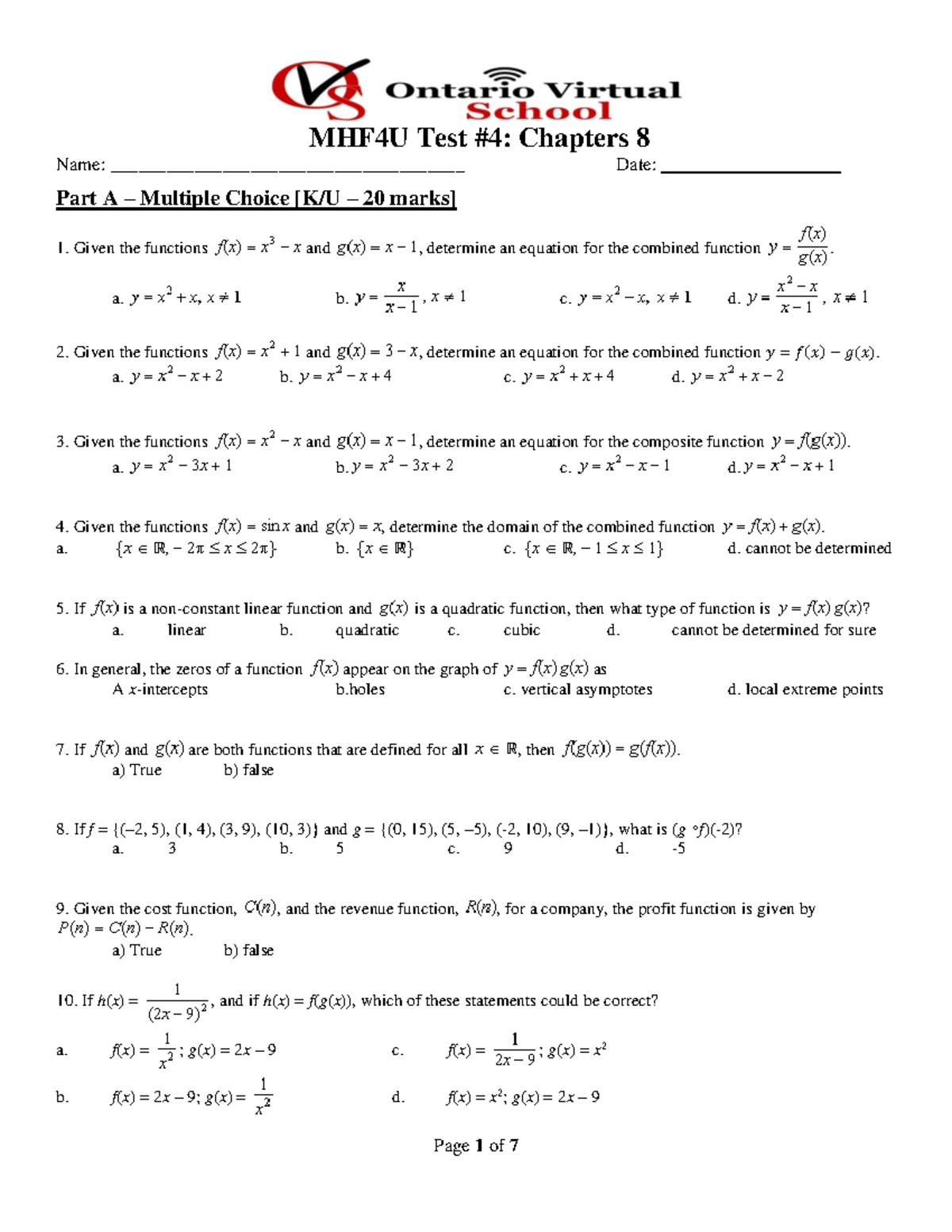 1626974502-Unit 4 Test V4 - MHF4U Test #4: Chapters 8 Name