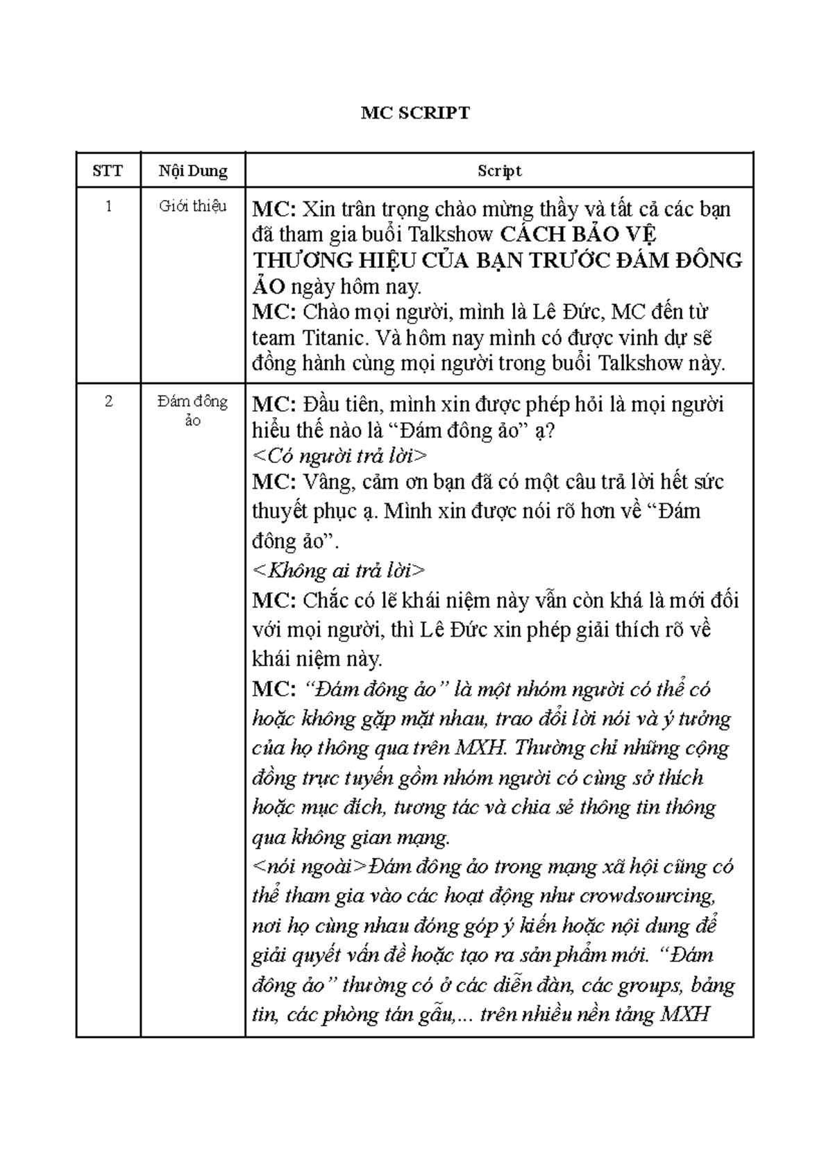 MC Script - MC SCRIPT STT Nội Dung Script 1 Giới thiệu MC: Xin trân trọng chào mừng thầy và tất ...
