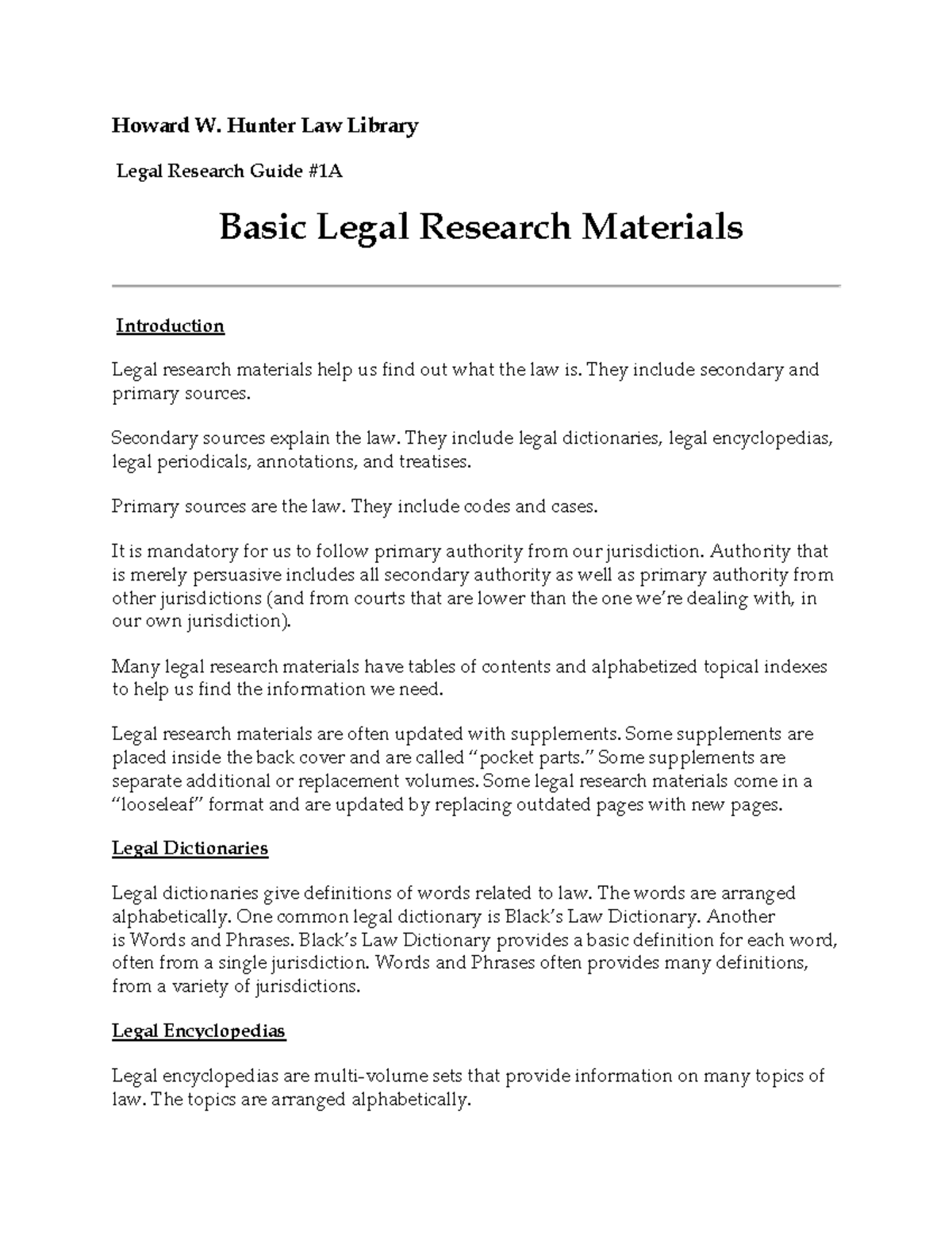 Basic Legal Research Materials - Howard W. Hunter Law Library Legal ...