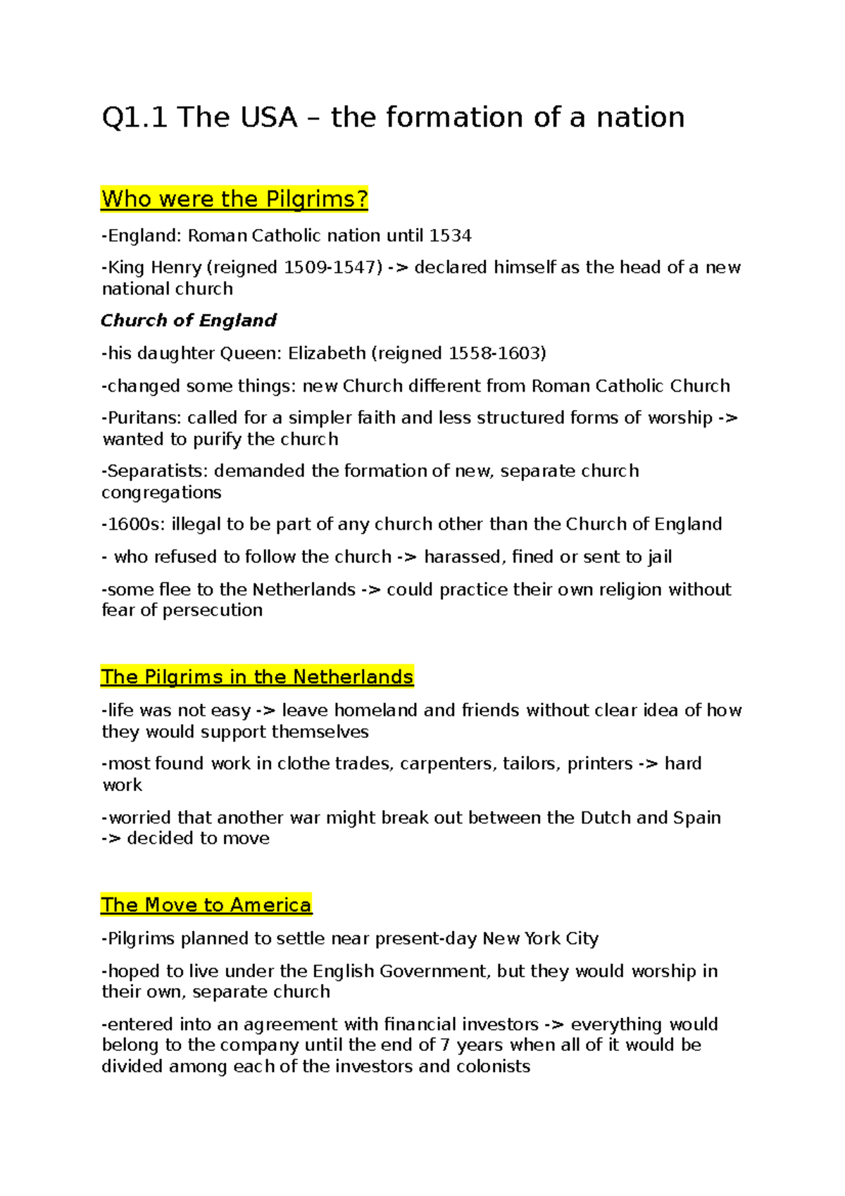 Q1.1 The USA - the formation of a nation - Q1 The USA – the formation ...