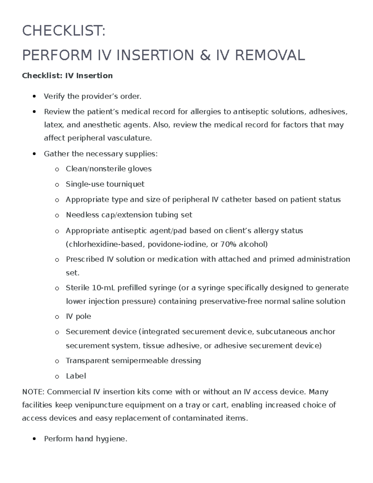 IV Checklist - CHECKLIST: PERFORM IV INSERTION & IV REMOVAL Checklist ...