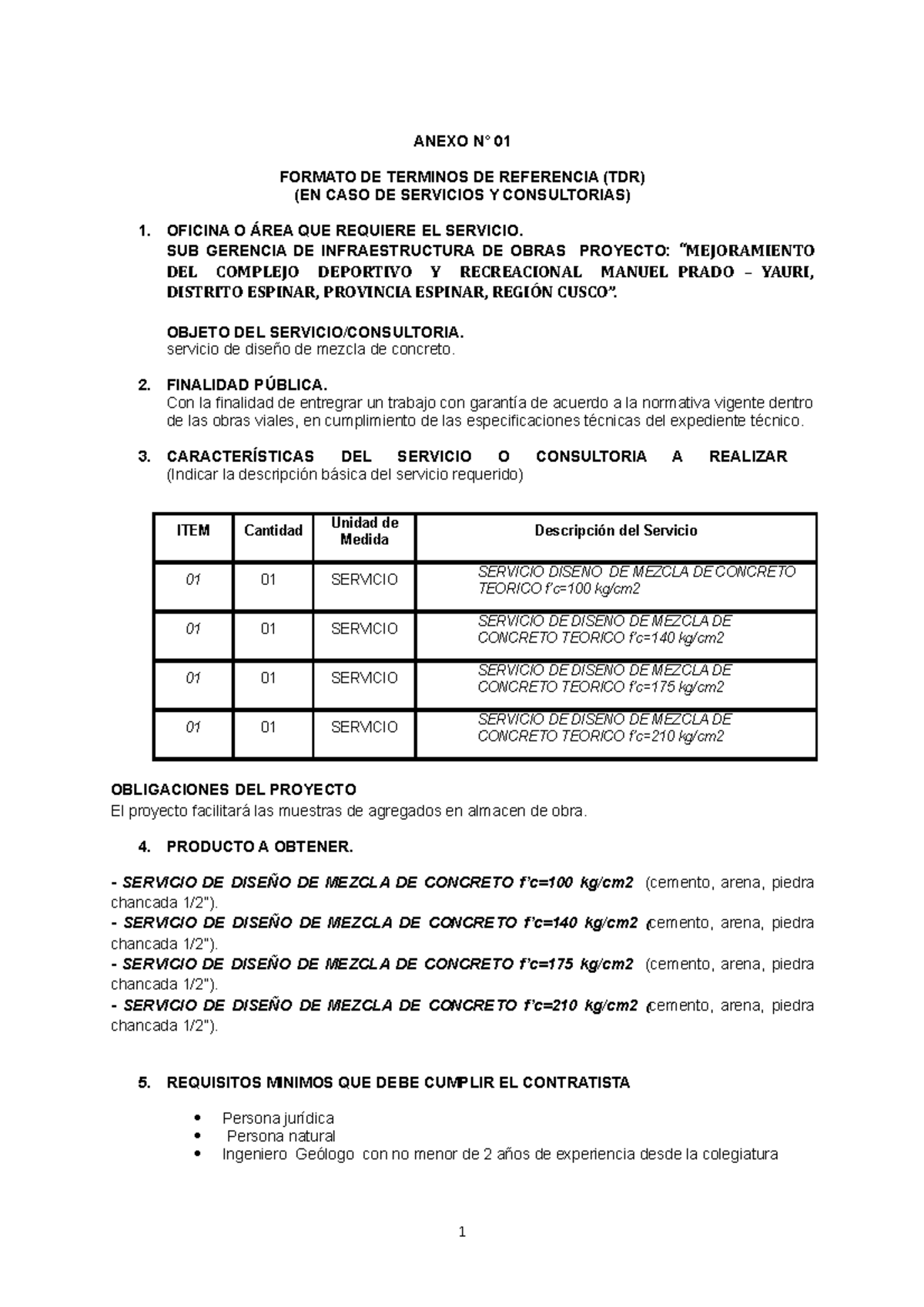 TDR- diseño de mescla concreto - ANEXO N° 01 FORMATO DE TERMINOS DE ...