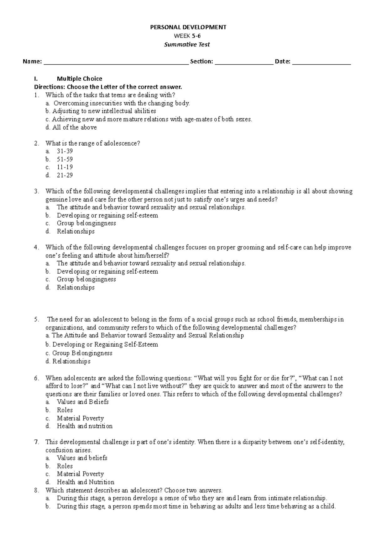 Personal Development SUMMATIVE TEST 1 - BS Agriculture - Studocu