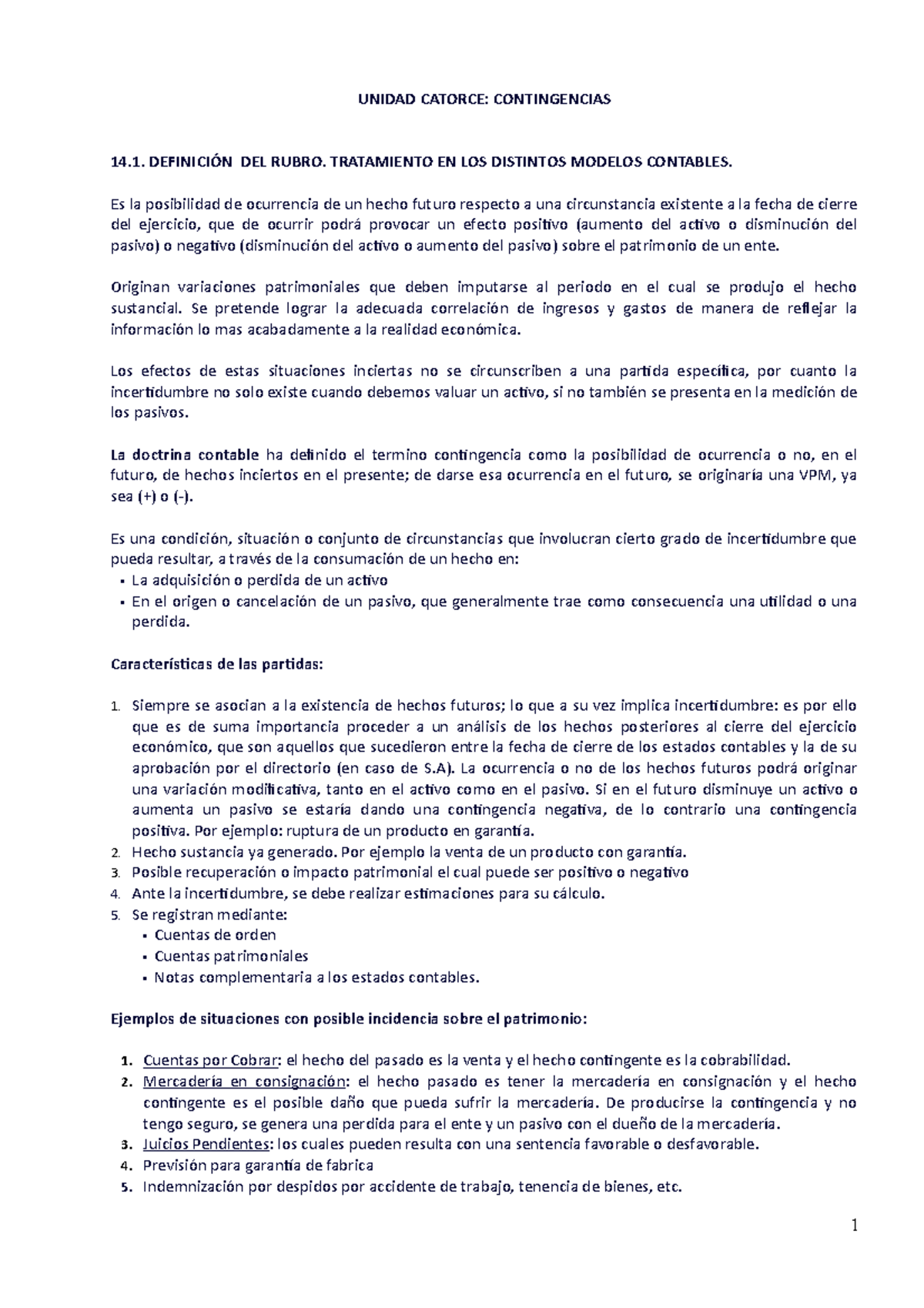 14. Unidad Catorce - Apuntes 1 - UNIDAD CATORCE: CONTINGENCIAS 14 ...