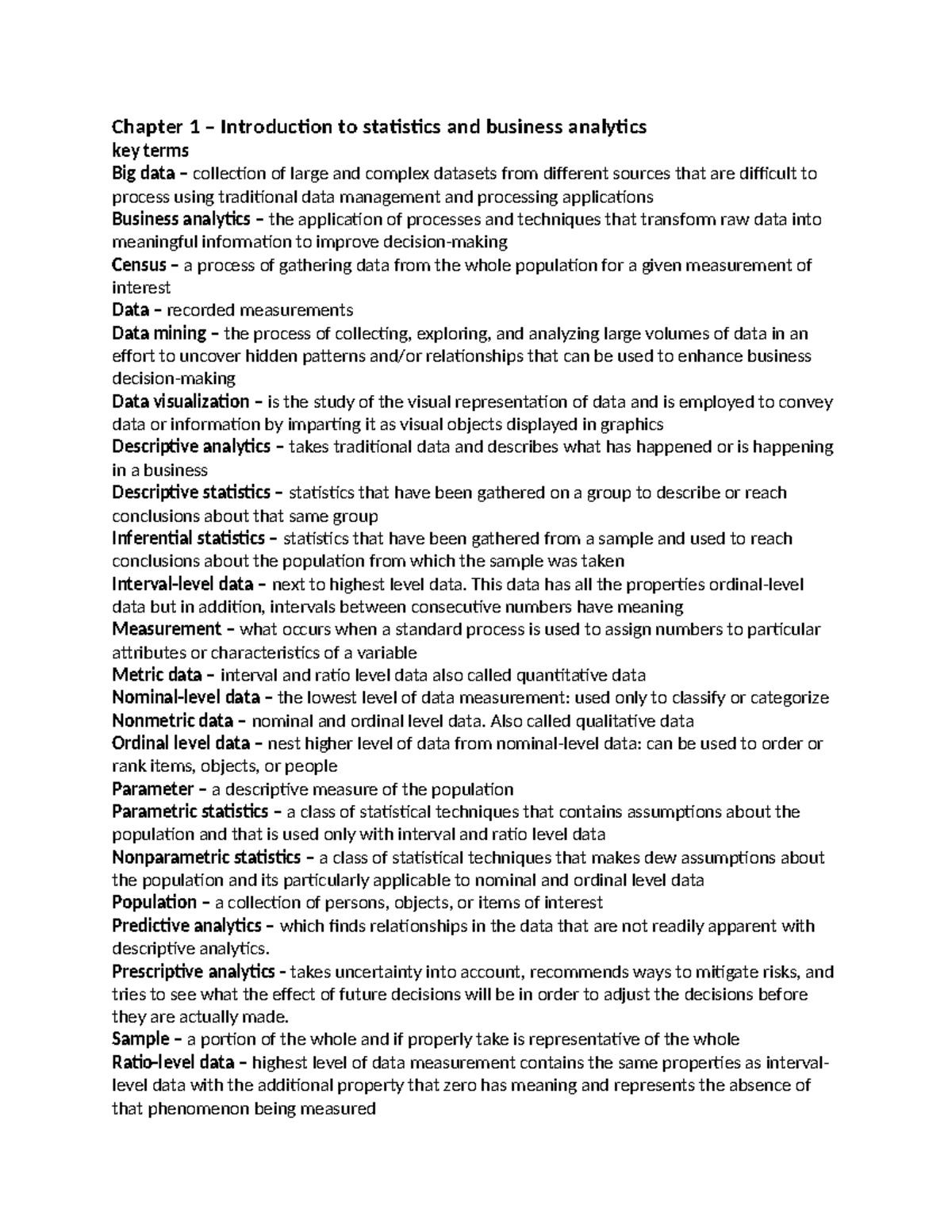 Chapter 1 key terms stats - Chapter 1 – Introduction to statistics and business analytics key ...