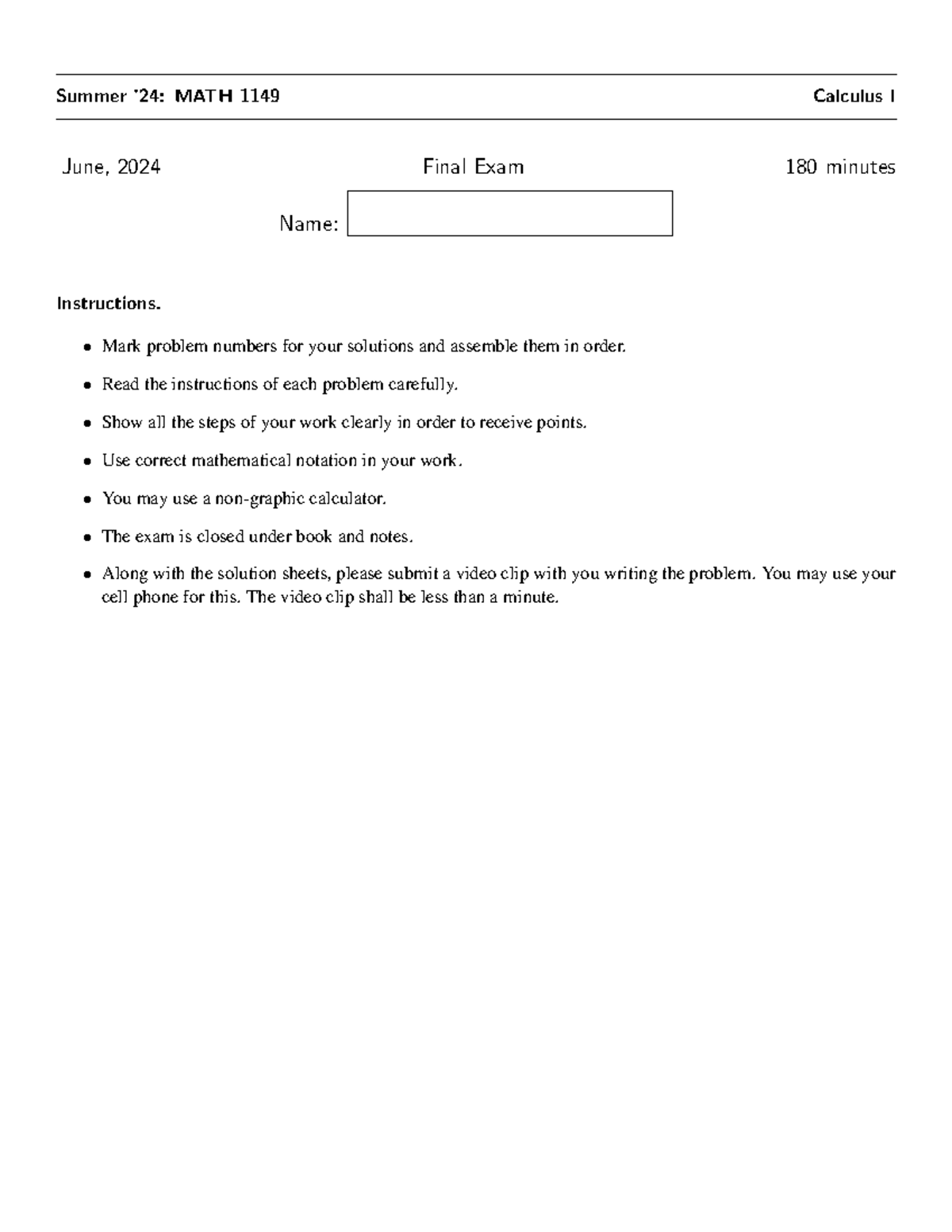 1149 Final - Helpful - Summer ’24: MATH 1149 Calculus I June, 2024 ...