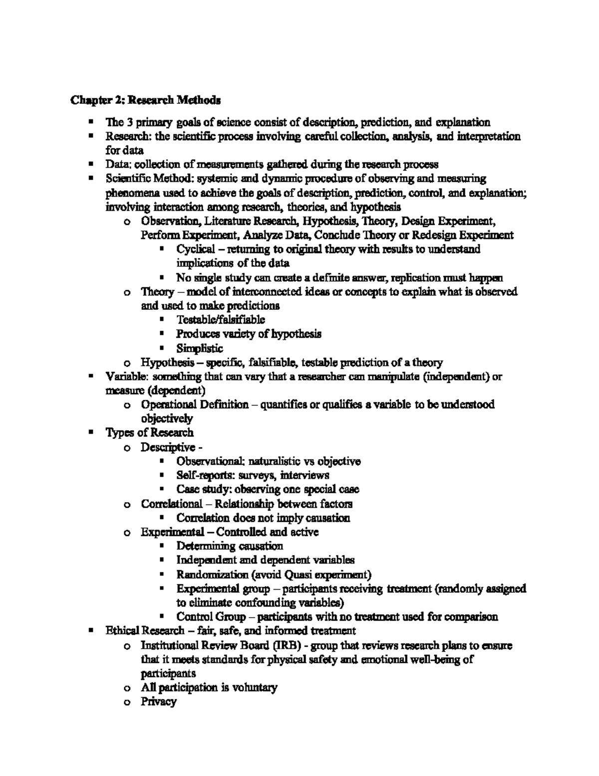 Psychology 101 Chapter 2 - Chapter 2: Research Methods The 3 primary ...