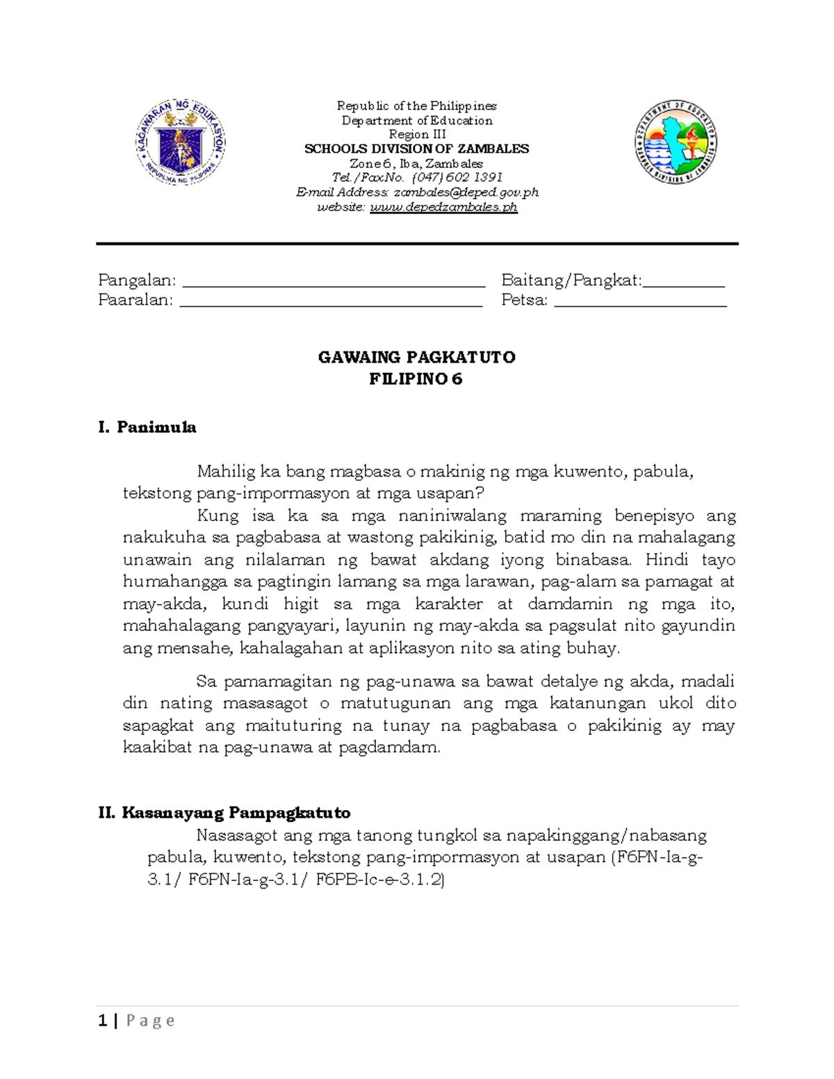 Filipino Q1 Week 1 - Module - Republic of the Philippines Department of ...