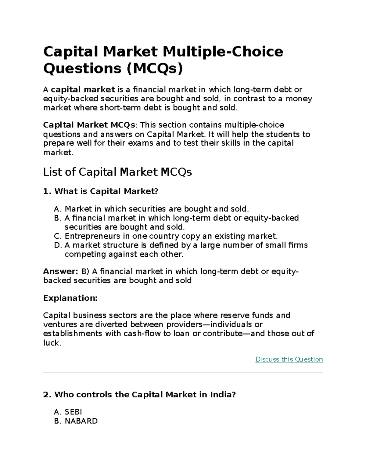 Capital Market Multiple-Choice Questions (MCQs) - Capital Market ...