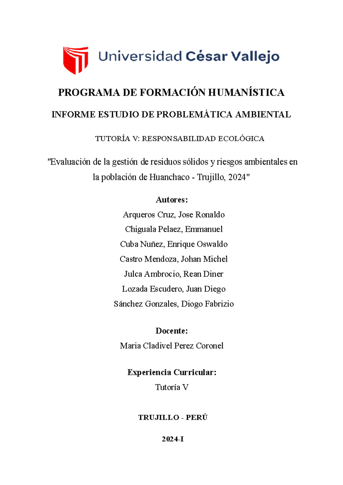 Tutoria V - Informe - PROGRAMA DE FORMACIÓN HUMANÍSTICA INFORME ESTUDIO DE PROBLEMÁTICA ...