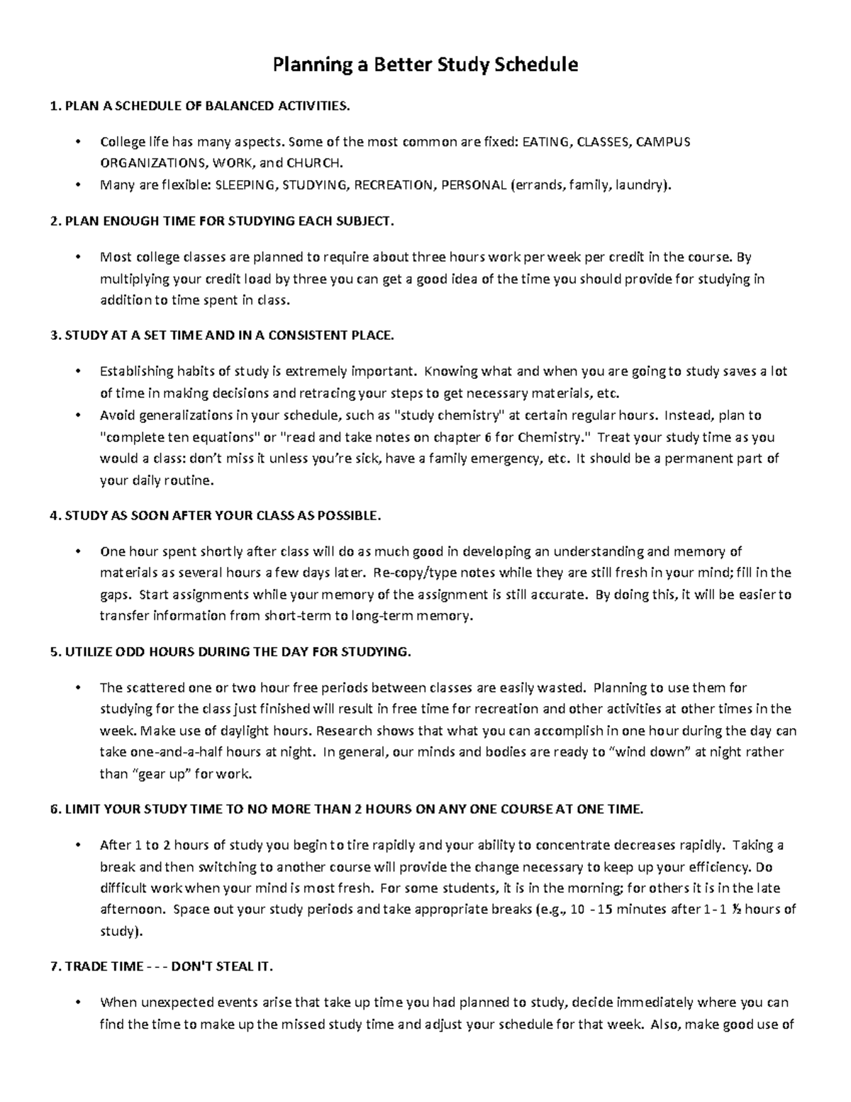 Study Schedule uvjvuvu - Planning a Better Study Schedule 1. PLAN A ...