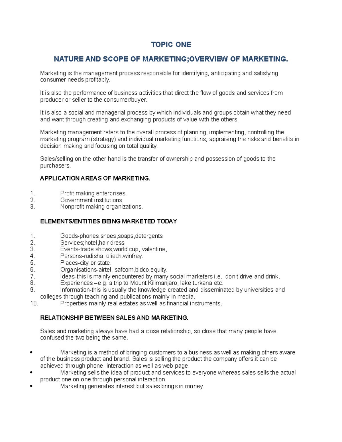 Principles OF Marketing Notes - TOPIC ONE NATURE AND SCOPE OF MARKETING ...