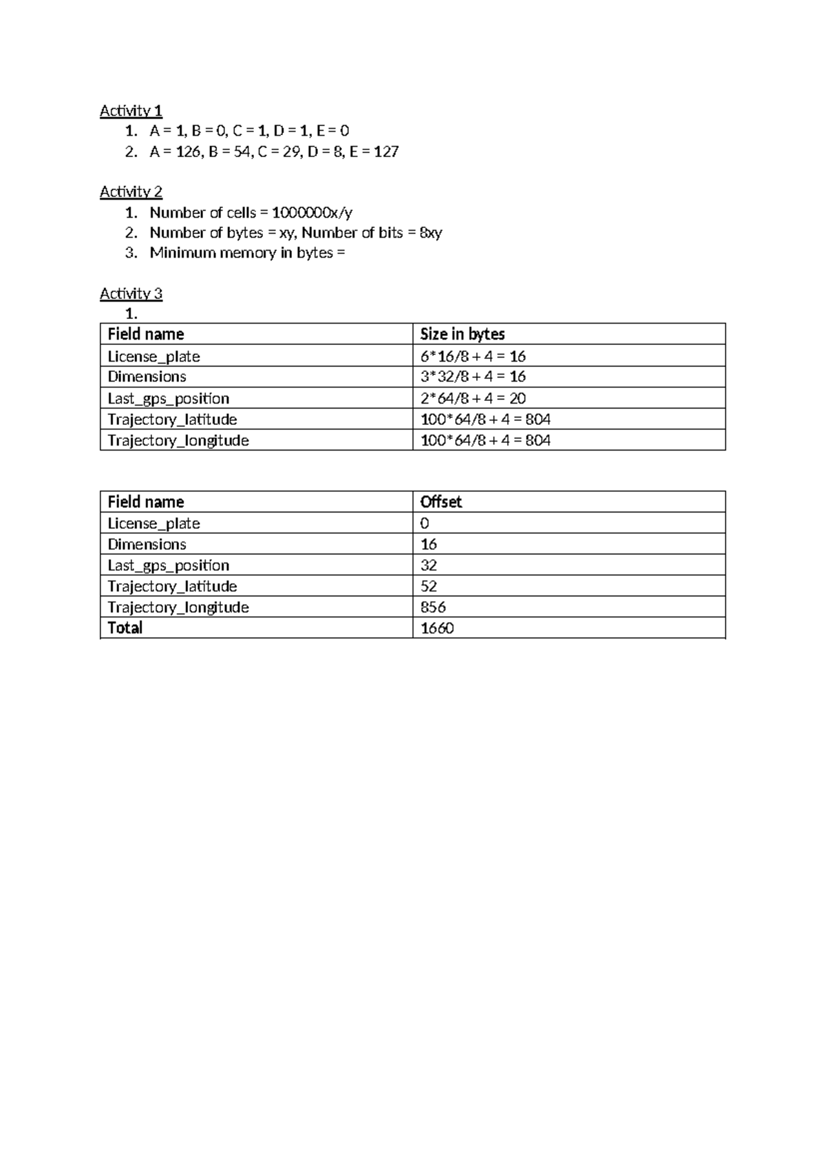 Tutorial 5 - answers - Activity 1 1. A = 1, B = 0, C = 1, D = 1, E = 0 ...