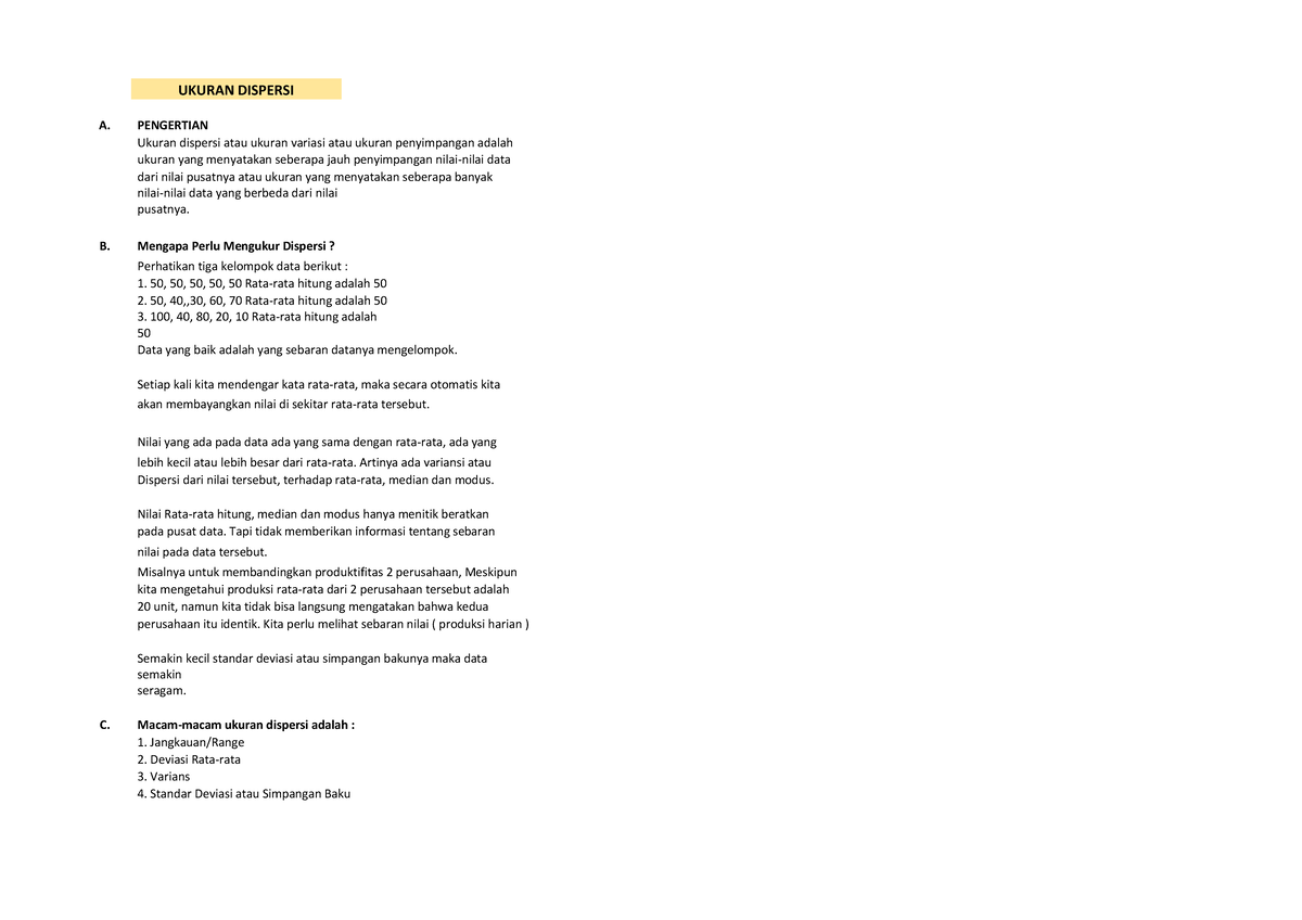 Contoh Ukuran Dispersi - UKURAN DISPERSI A. PENGERTIAN Ukuran dispersi ...