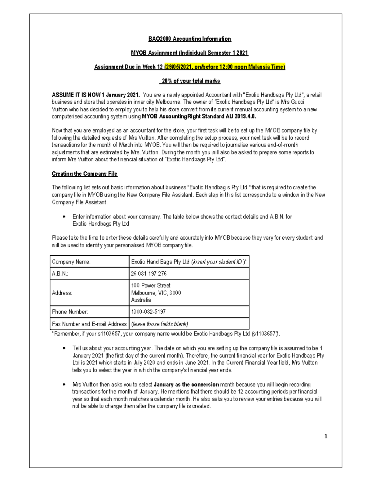 Sample of MYOB Assignment 2021 / 2022 - BAO2000 Accounting Information ...