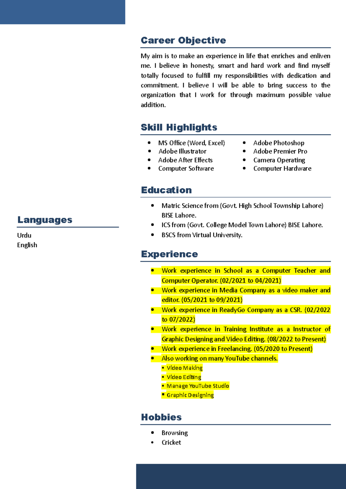 Rahmat CV New - Copy - Career Objective My aim is to make an experience ...