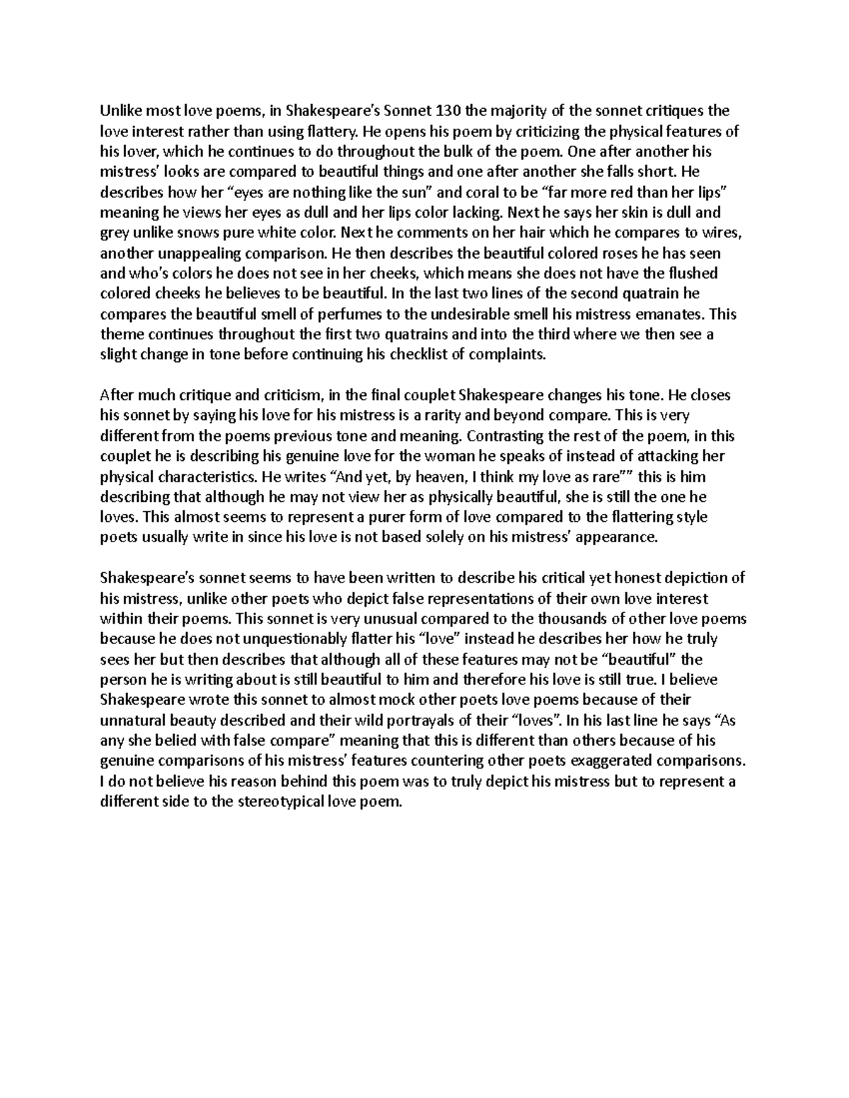 Sonnet 130 - Unlike most love poems, in Shakespeare’s Sonnet 130 the ...